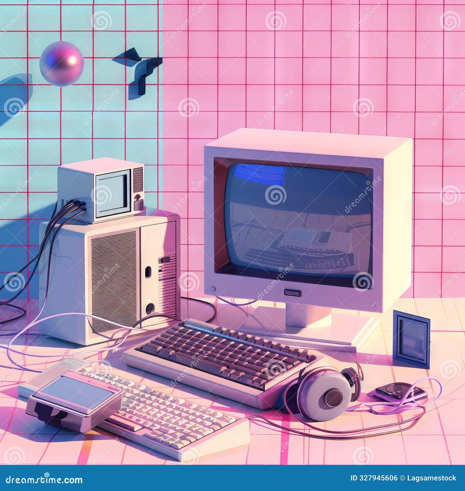 Vaporwave Style AI Shadow Alongside Retro Tech Gadgets Stock ...