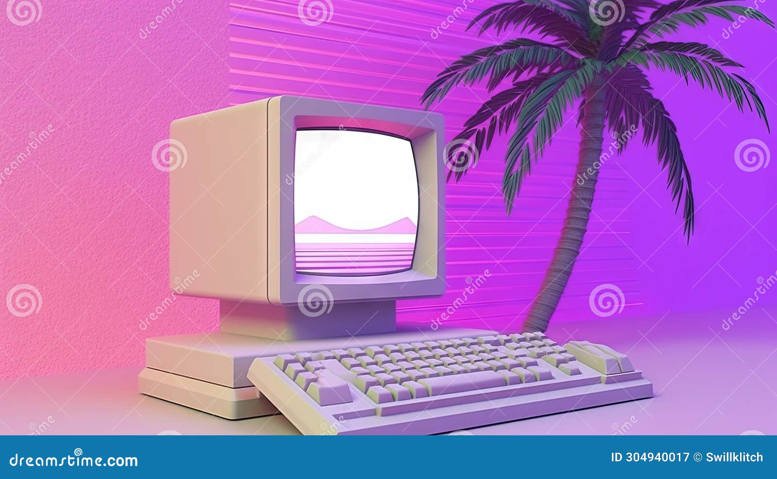 Vaporwave Styled Scene with Computer and Palms in Purple Color. Stock ...