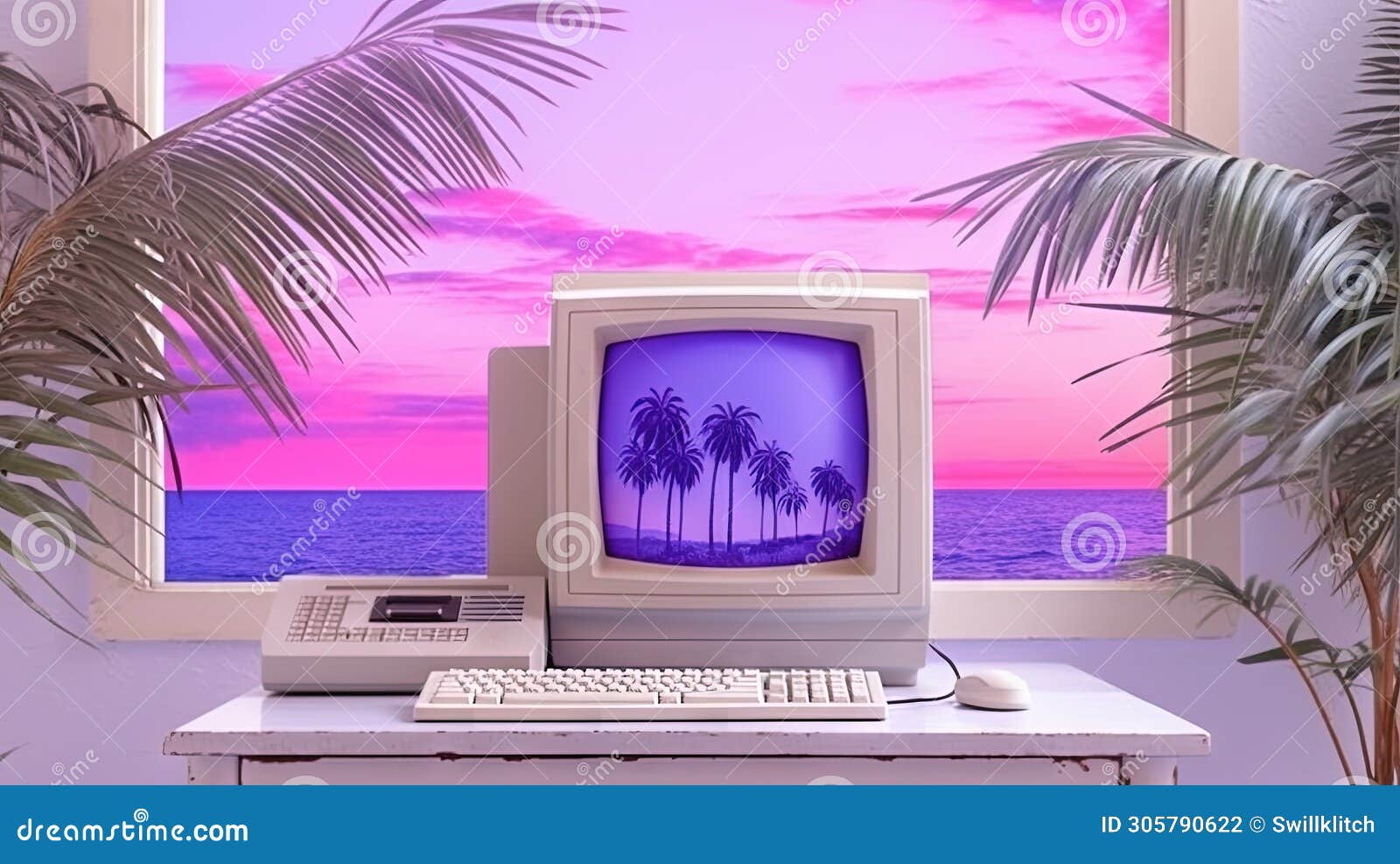 Vaporwave Styled Scene with Computer and Palms in Purple Color Stock ...