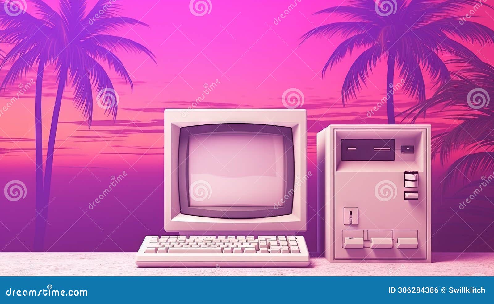 Vaporwave Styled Scene with Computer and Palms in Purple Color Stock ...