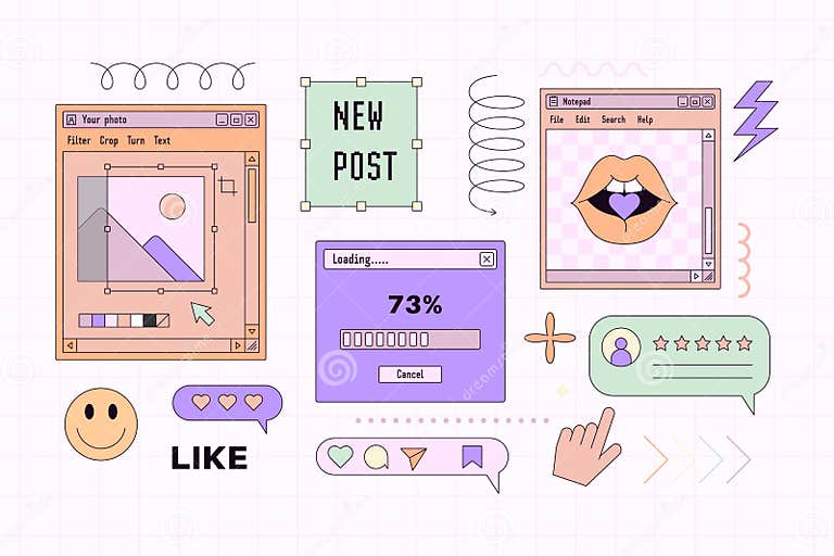 Vaporwave Template Boxes and Interfaces Elements. Retro Desktop with ...