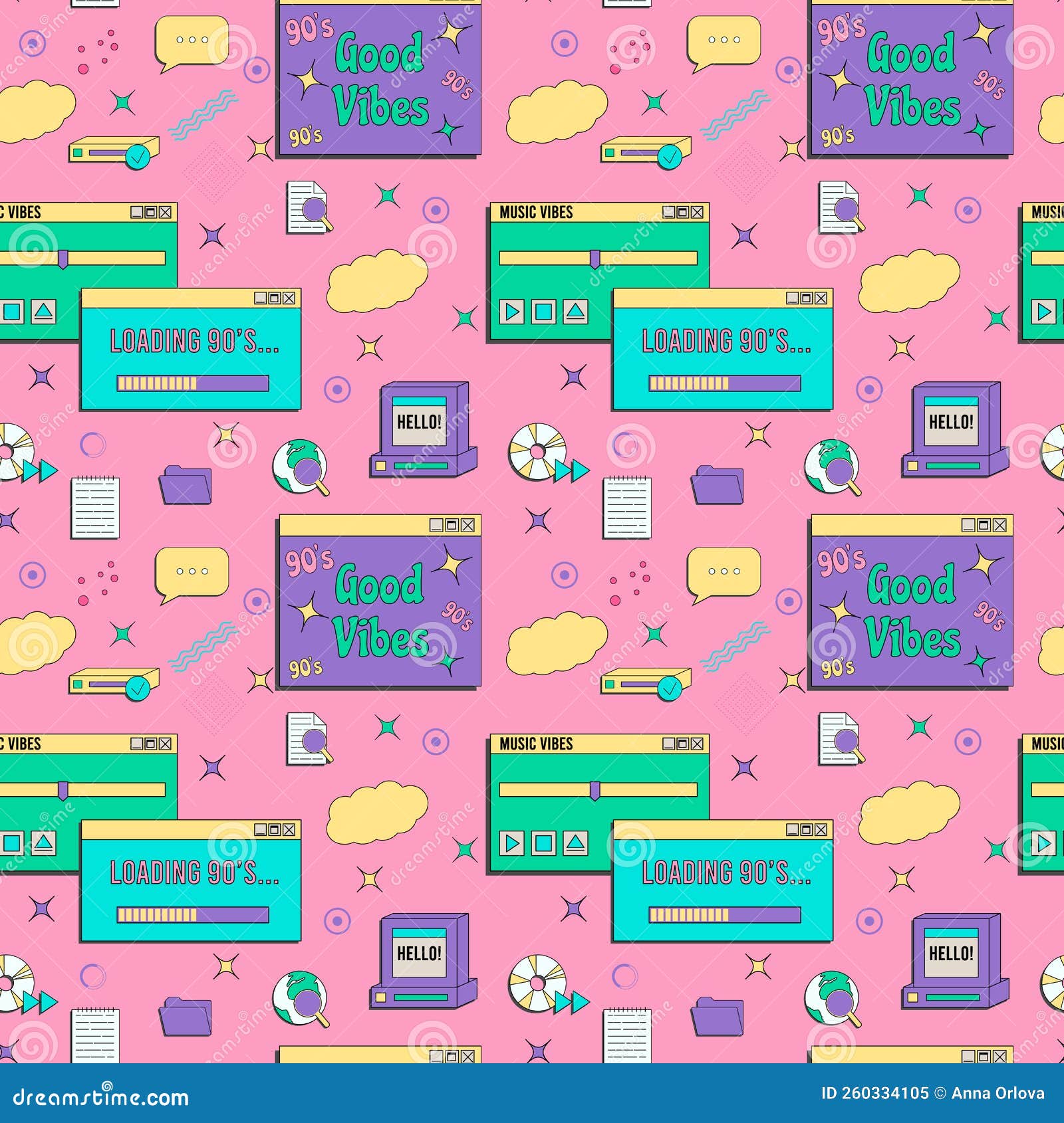 Vaporwave UI and UX Elements Seamless Pattern. PC Retro Game Frame ...