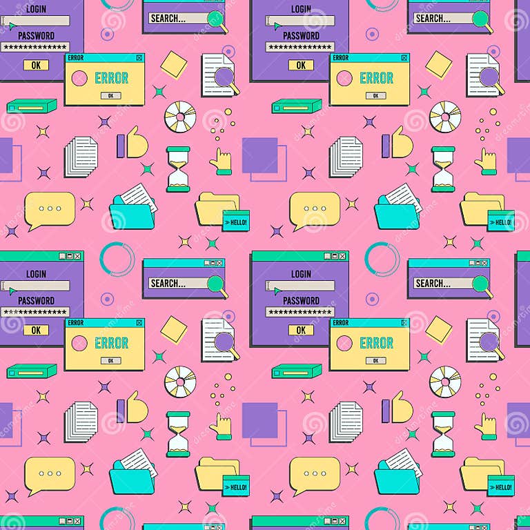 Vaporwave Ui And Ux Elements Seamless Pattern Pc Retro Game Frame Nostalgic Style 70s 80s