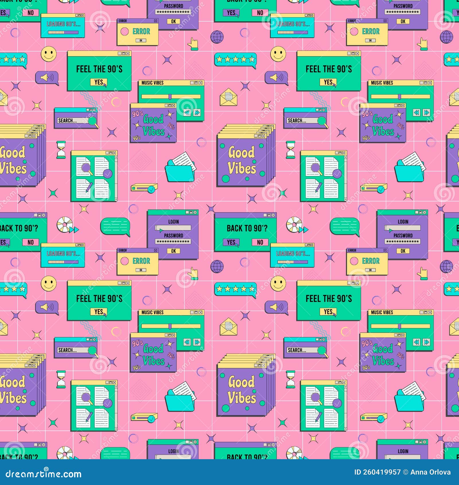 Vaporwave UI and UX Elements Seamless Pattern. PC Retro Game Frame ...