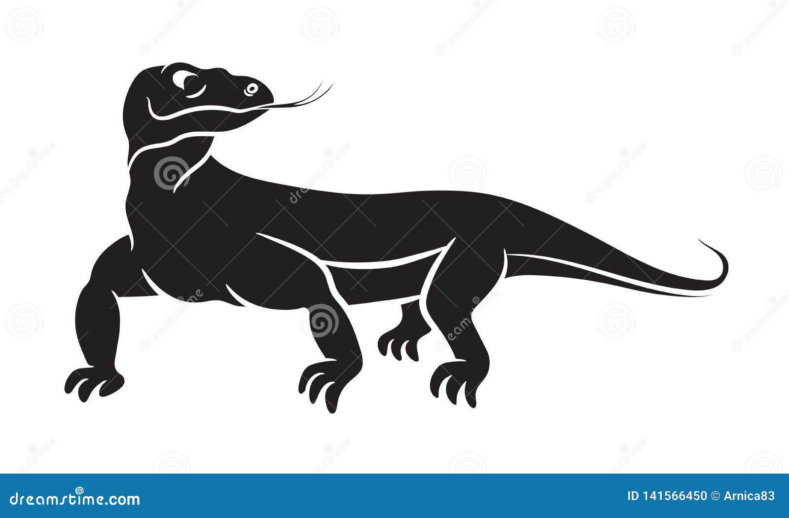 Varanus, Komodo Dragon Black Silhouette on White Background Stock ...