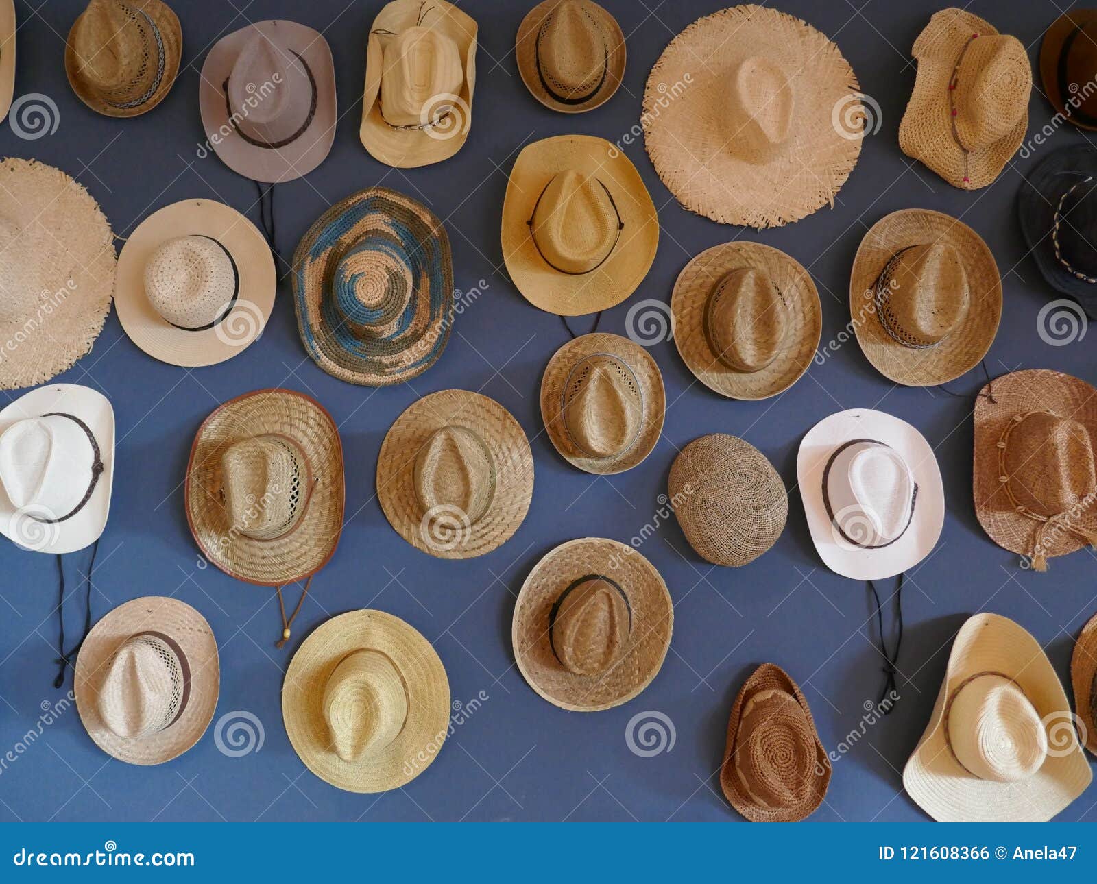 Vari Cappelli Di Paglia Su Una Parete Blu Fotografia Stock - Immagine ...