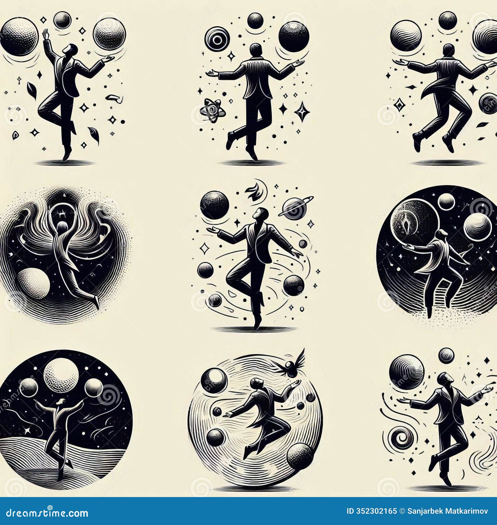 Variants of Illustrations Man Dancing with Floating Objects Stock ...