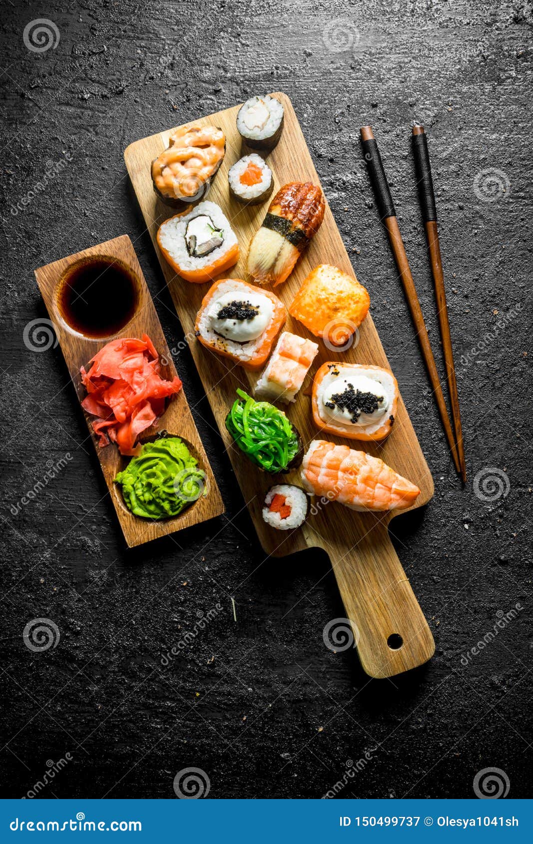 Variants of Types of Sushi, Rolls and Maki on a Cutting Board with ...