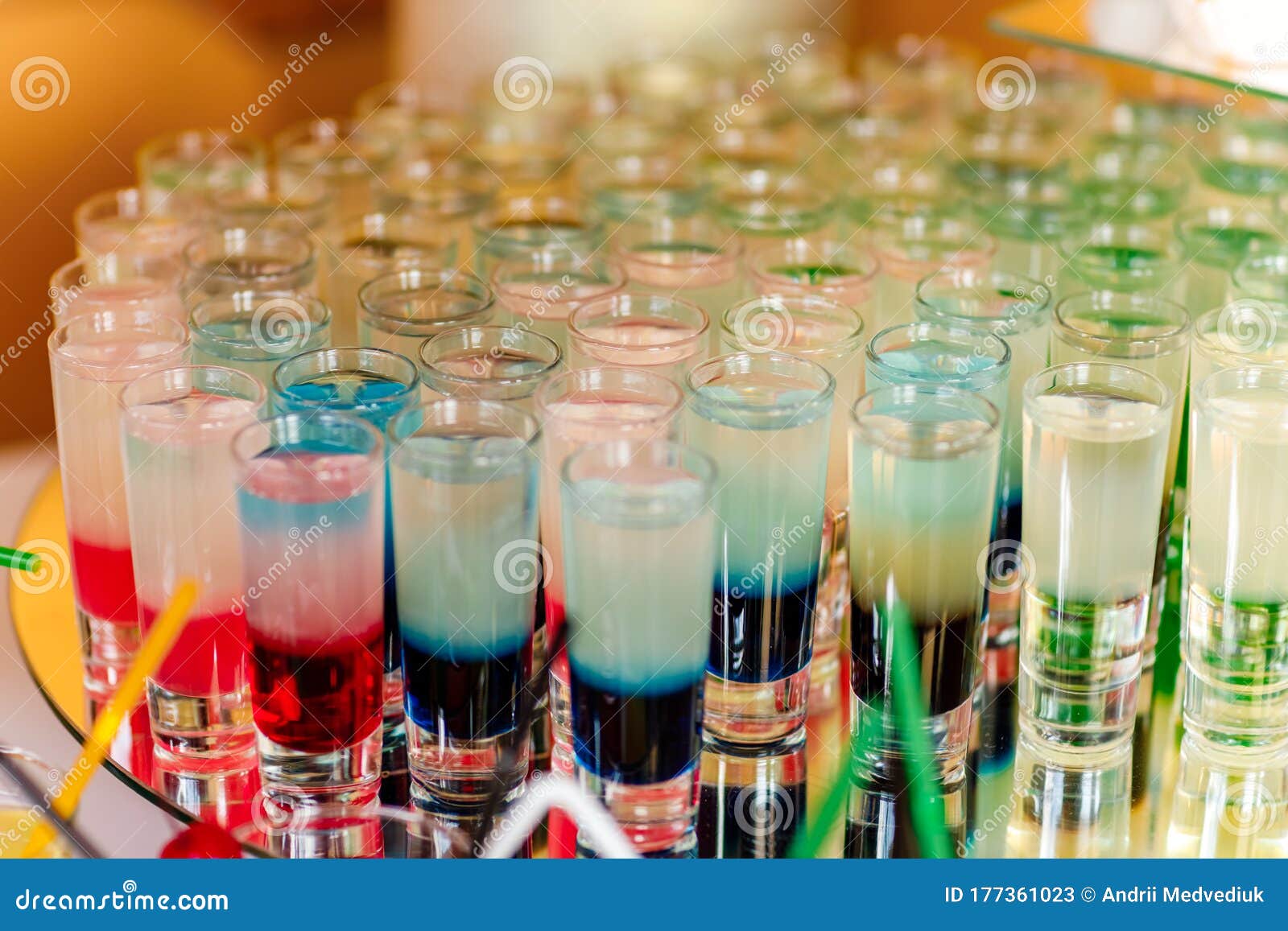Variation of Colored Alcoholic Shotts Served on Bar Counter. Alcohol ...