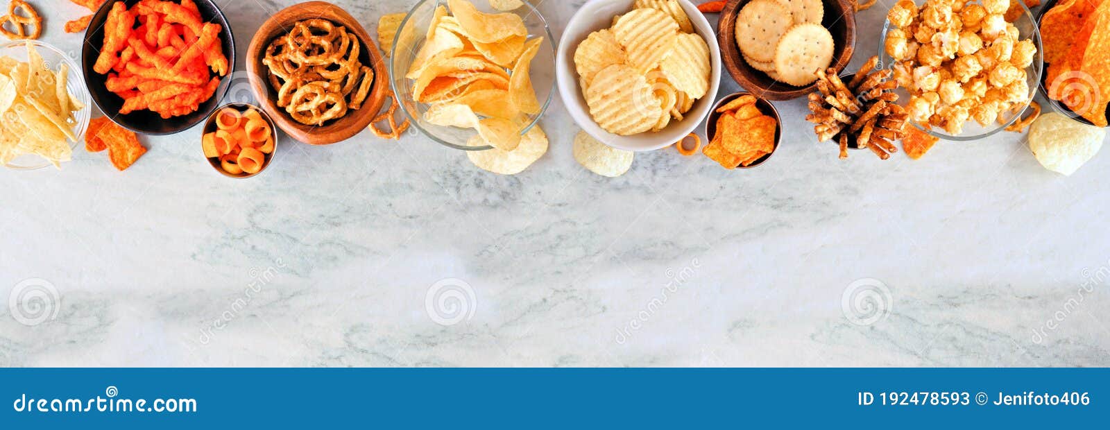 Variation Of Salty Snacks, Overhead View Bottom Border On A Wood Banner ...