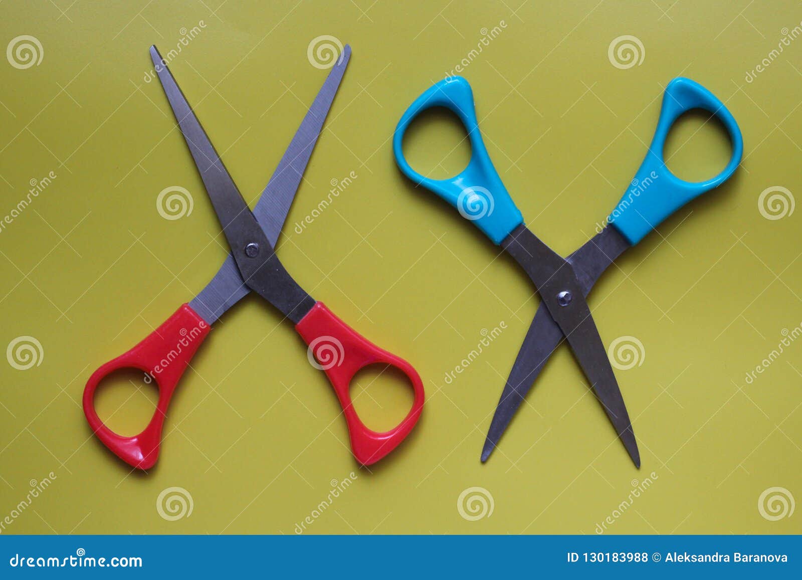 Variations of Layouts of Stationery Items, Scissors on a Colored ...