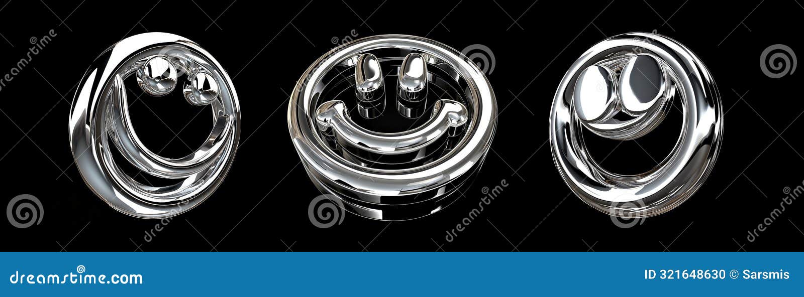 Variations of Smiley Faces in Metallic Style on Black Background. Set ...