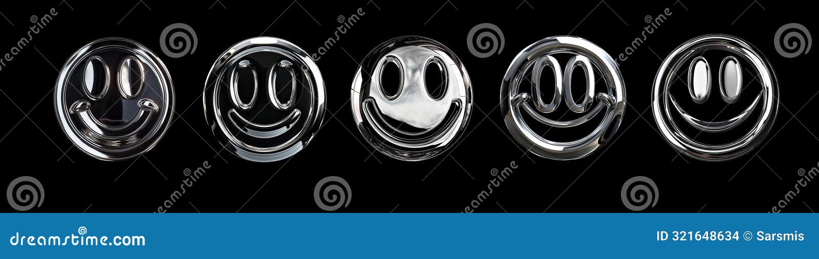 Variations of Smiley Faces in Metallic Style on Black Background. Set ...