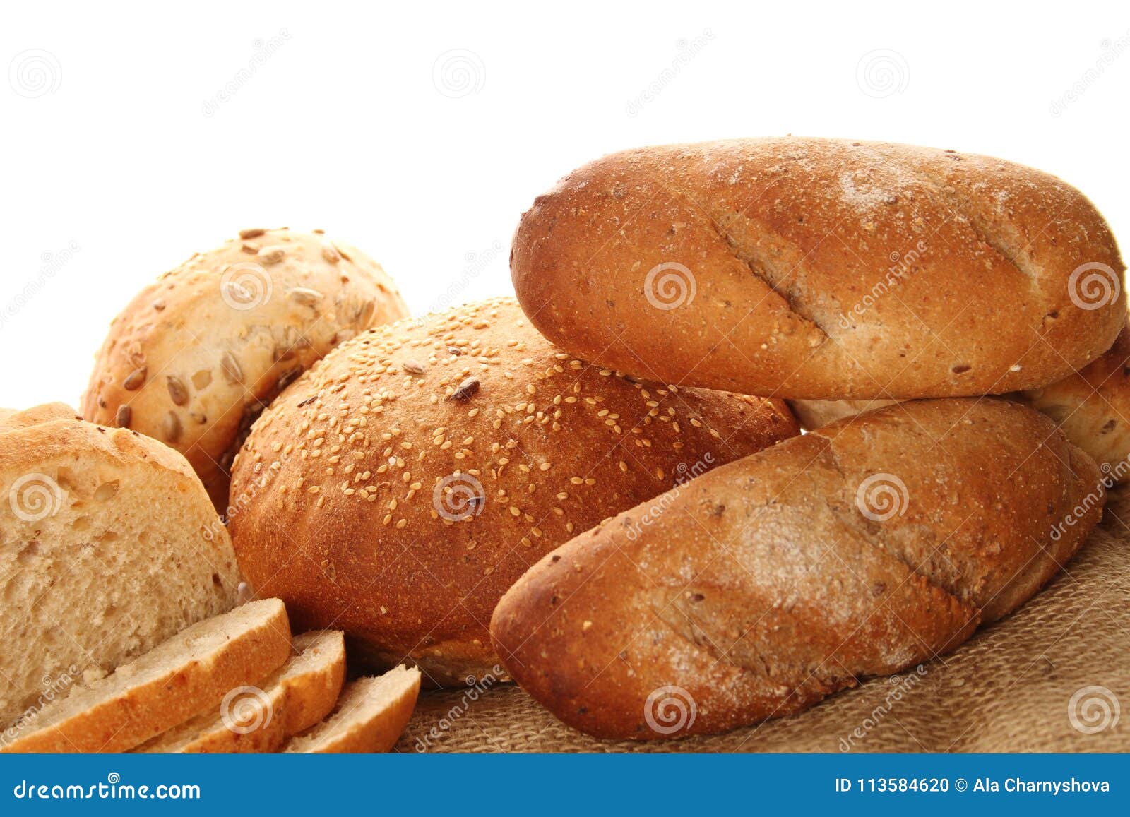Varieties of bread stock photo. Image of isolated, round - 113584620