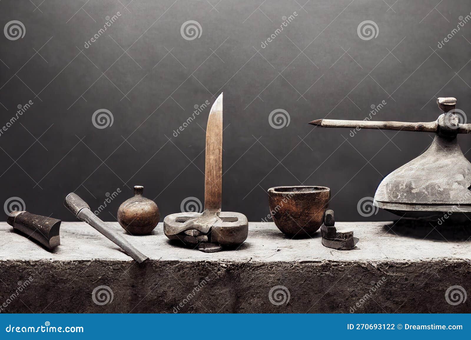 Variety of Accessories for Ironwork Laid Out on Stone Anvil. Stock ...
