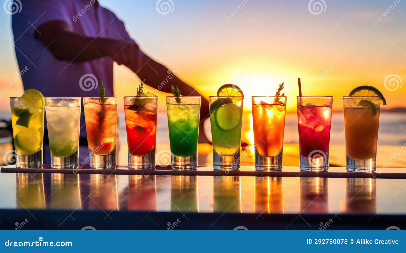 Variety Of Alcoholic Cocktails On The Bar Counter In A Nightclub Five