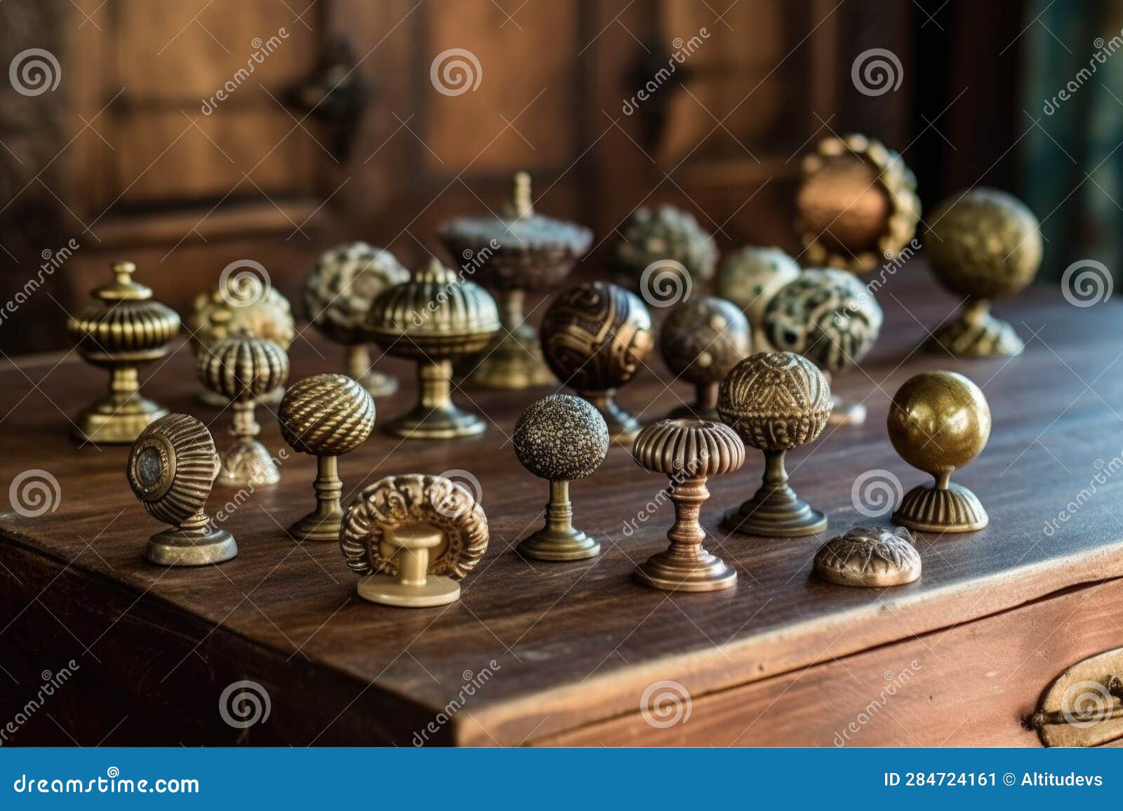 A Variety of Antique Brass Door Knobs Displayed on Table Stock ...