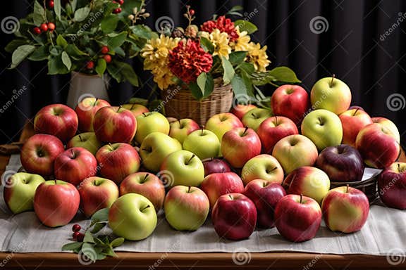 A Variety of Apples in Different Colors Displayed on a Table Stock ...