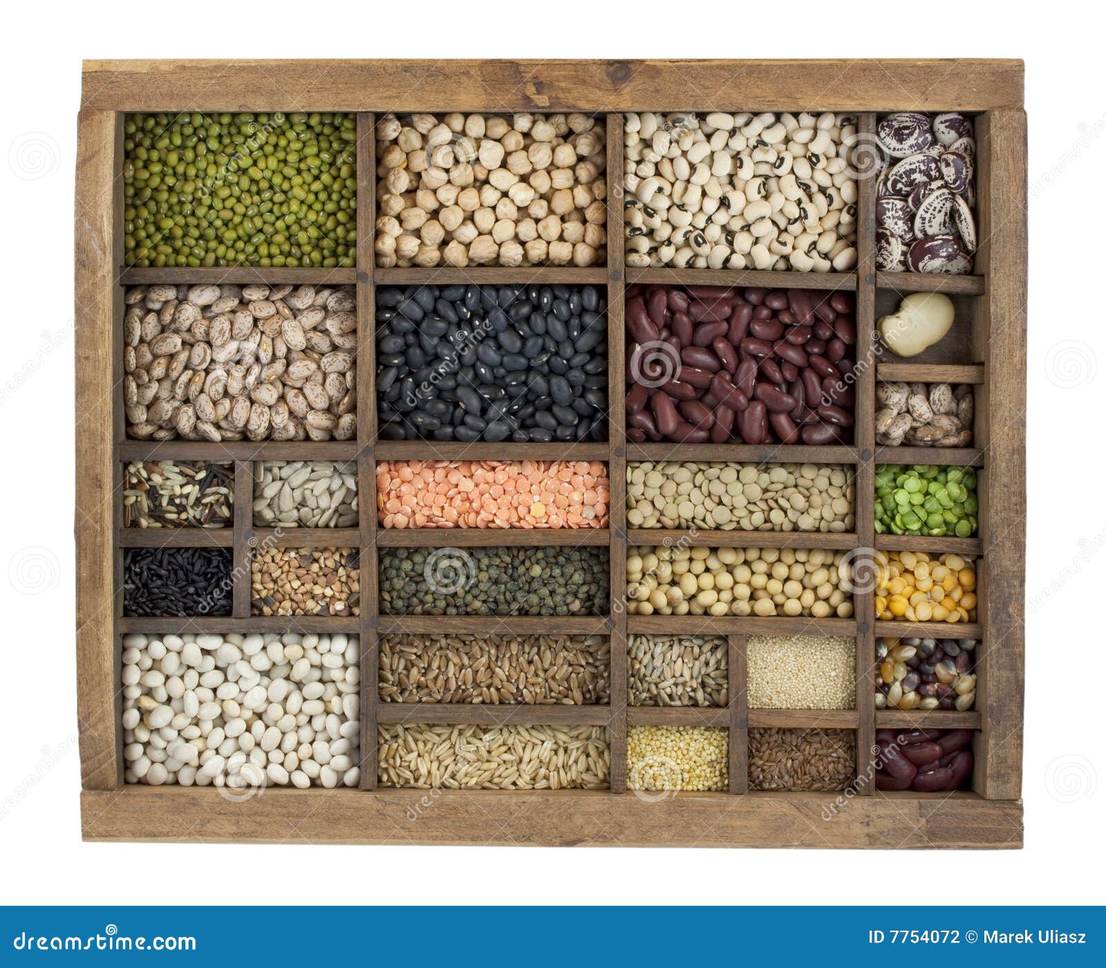 Variety of Beans, Grains and Seeds in Vintage Box Stock Photo - Image ...