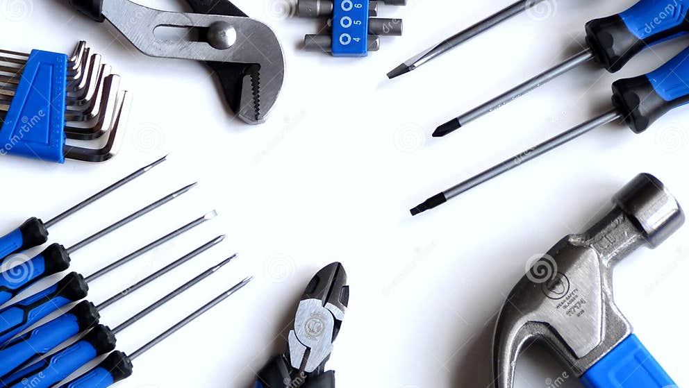 A Variety of Blue Tools on a White Background Stock Image - Image of ...