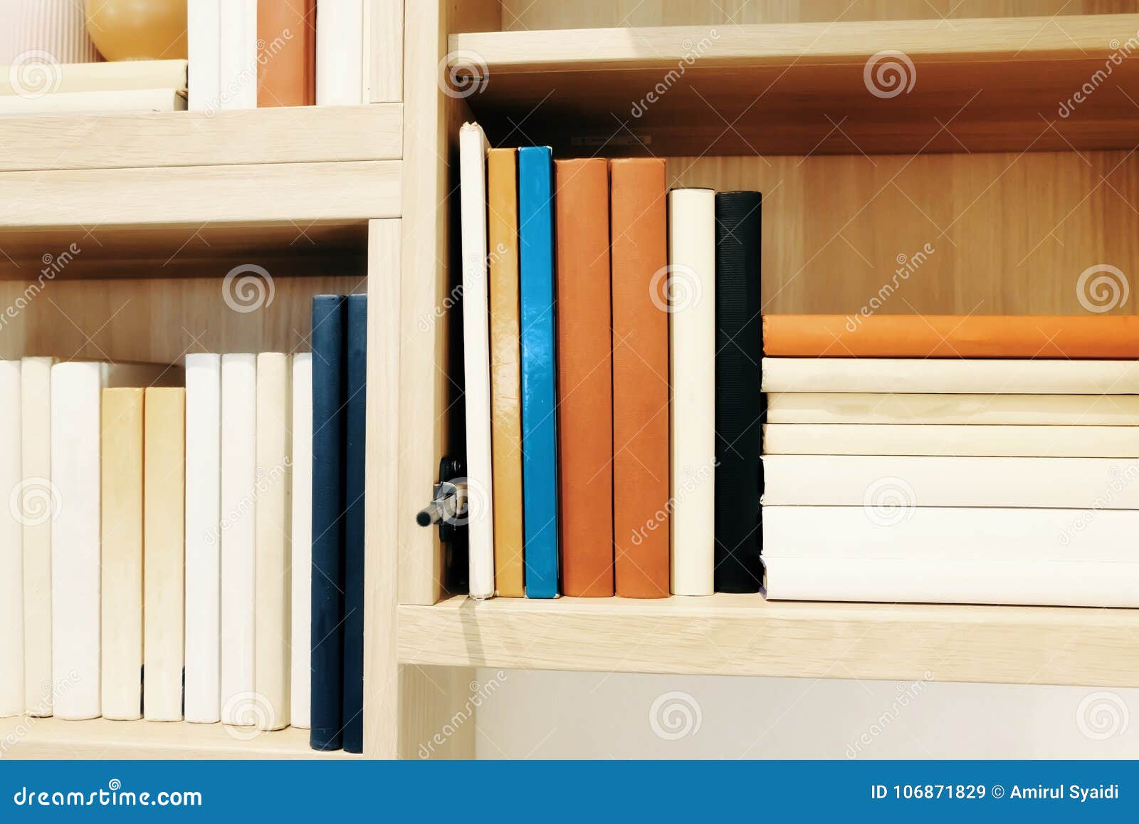 Variety of Books Stack on Shelf Stock Image - Image of homework ...