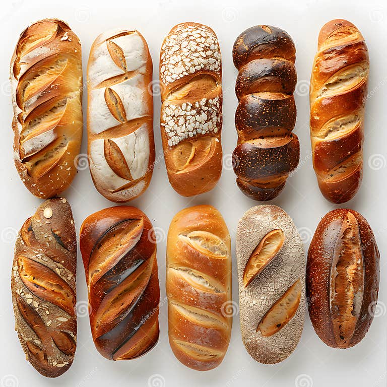 Variety of Bread Types Displayed on a White Surface for a Cuisinethemed ... Variety of Bread Types Displayed on a White Surface for a Cuisinethemed ...