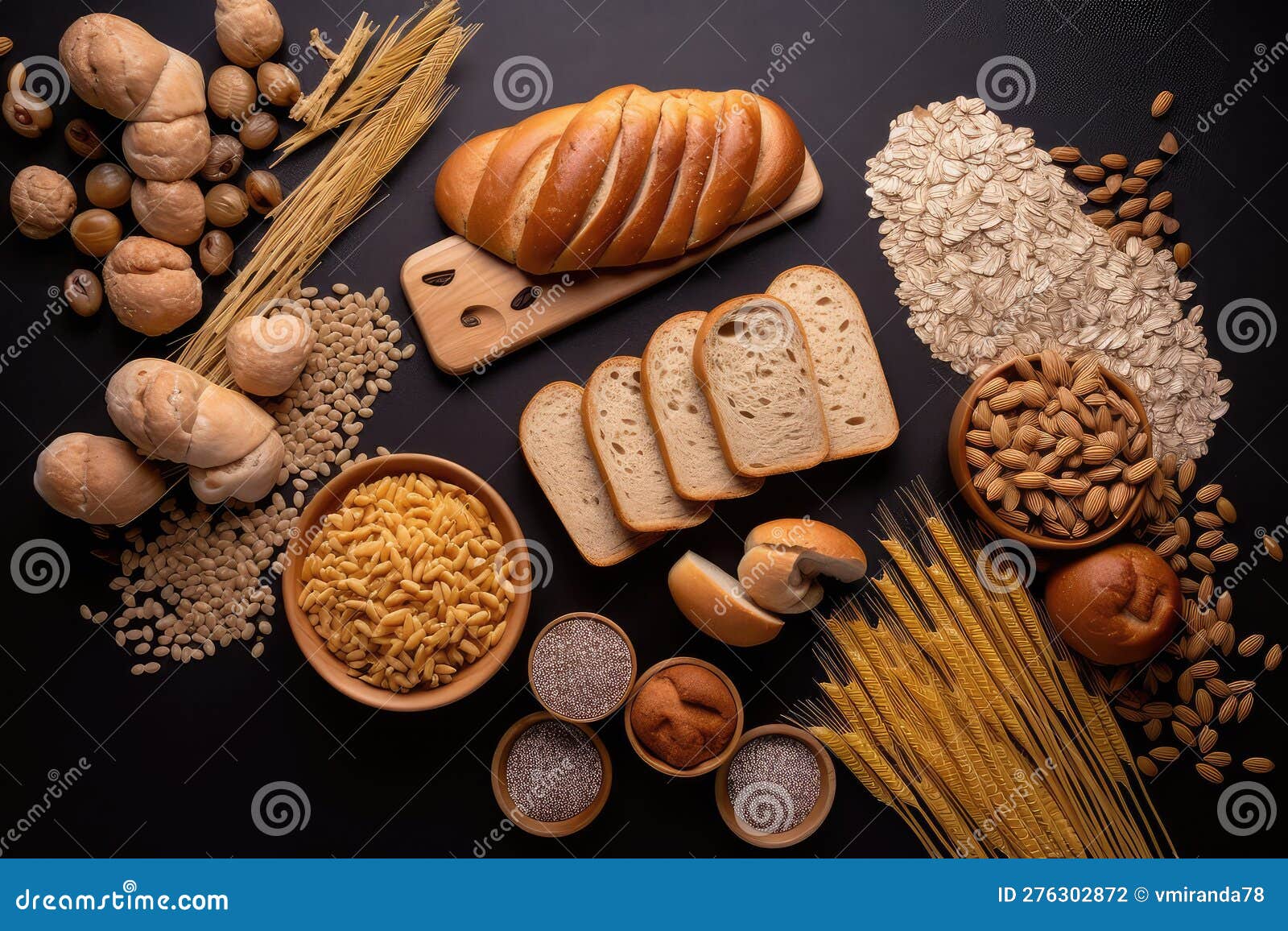 Variety of Bread and Wheat Products on Black Background. Top View ...