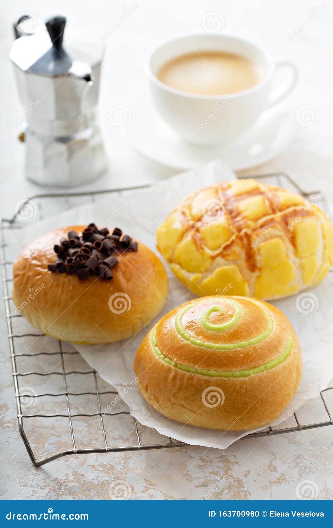 Variety of Breakfast Buns with Coffee Stock Photo - Image of dough ...