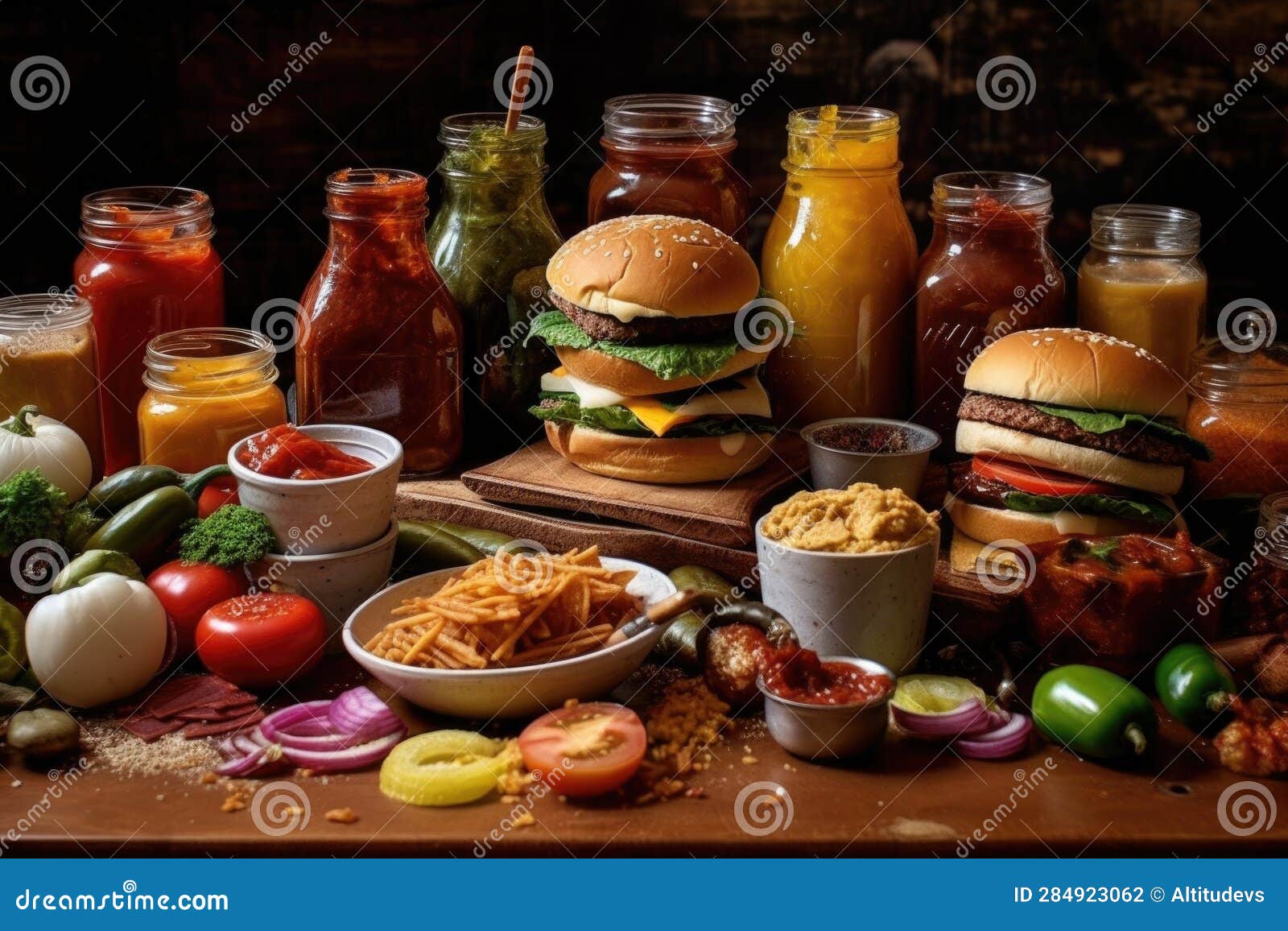 Variety of Burger Toppings and Condiments on Table Stock Photo - Image ...