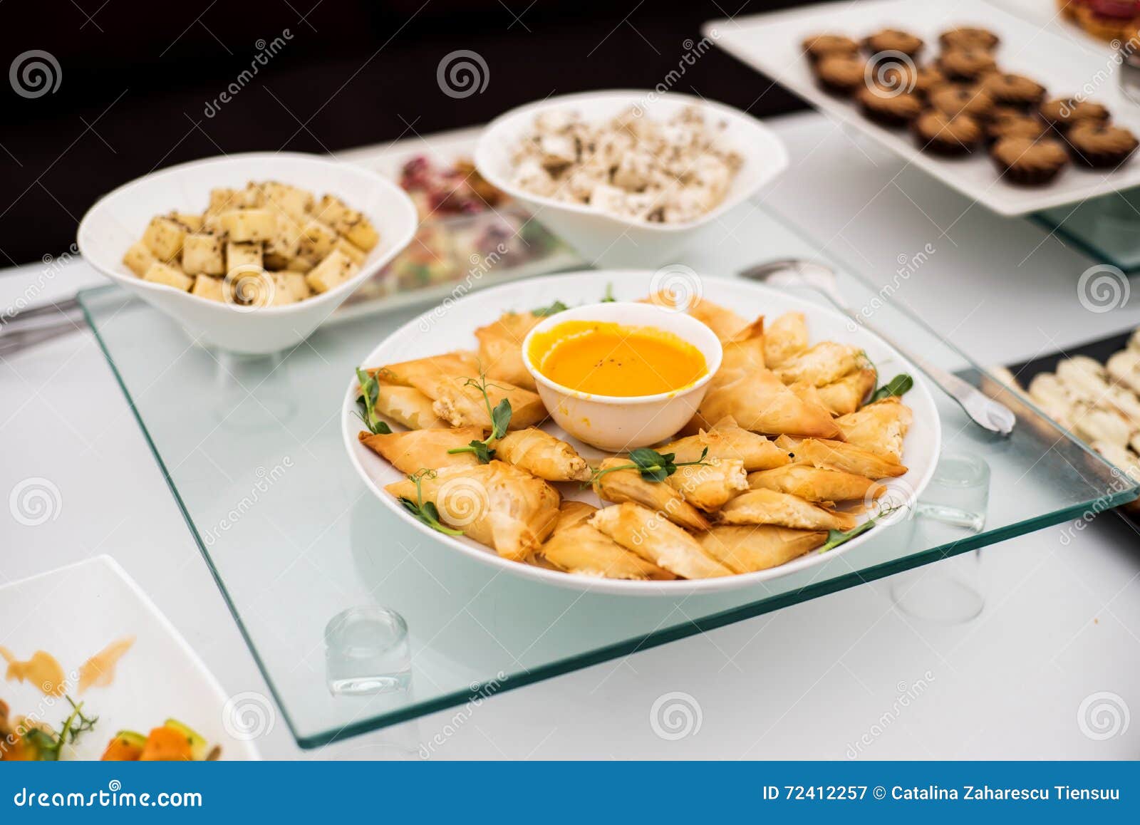 Variety Of Cheese And Meat Appetizers, Bottom Border On A White Marble ...