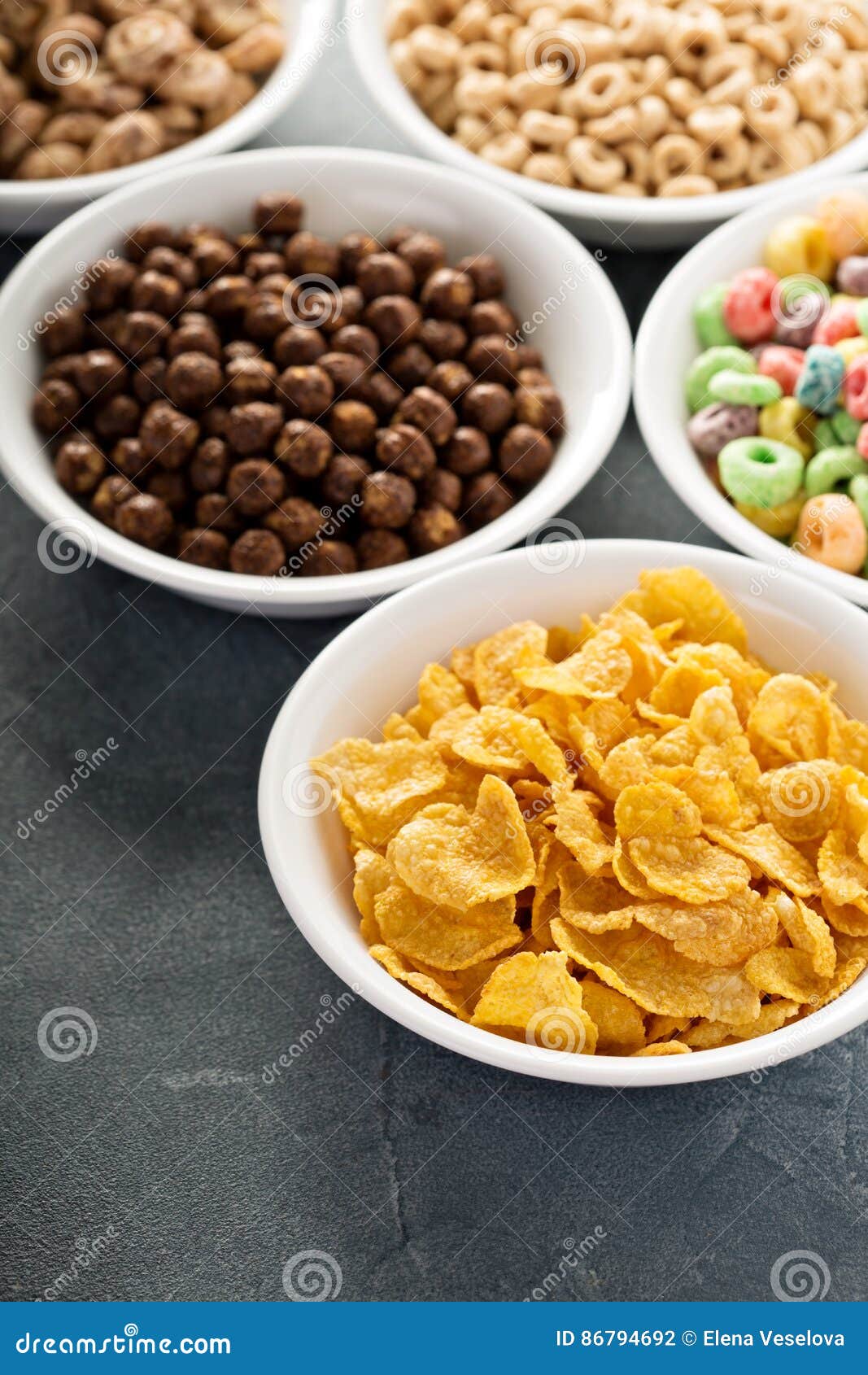 Variety of Cold Cereals in White Bowls Stock Photo - Image of dairy ...