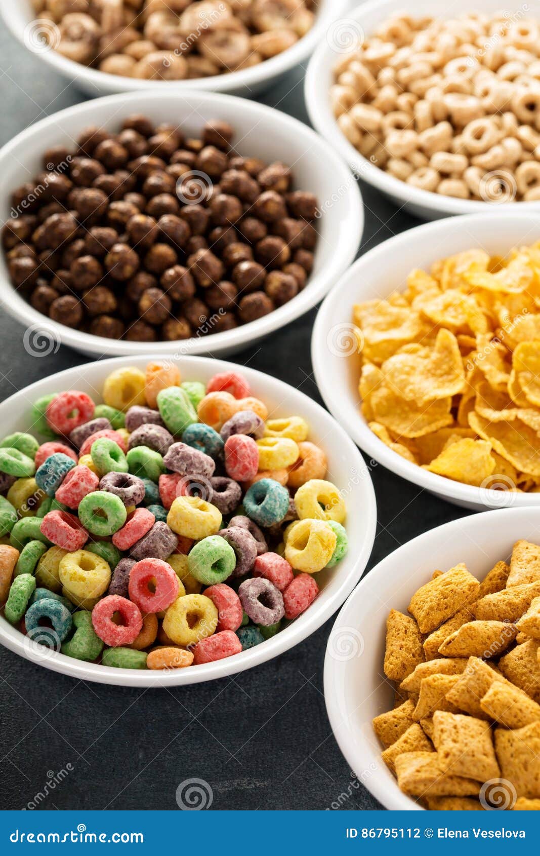Variety of Cold Cereals in White Bowls Stock Photo - Image of granola ...
