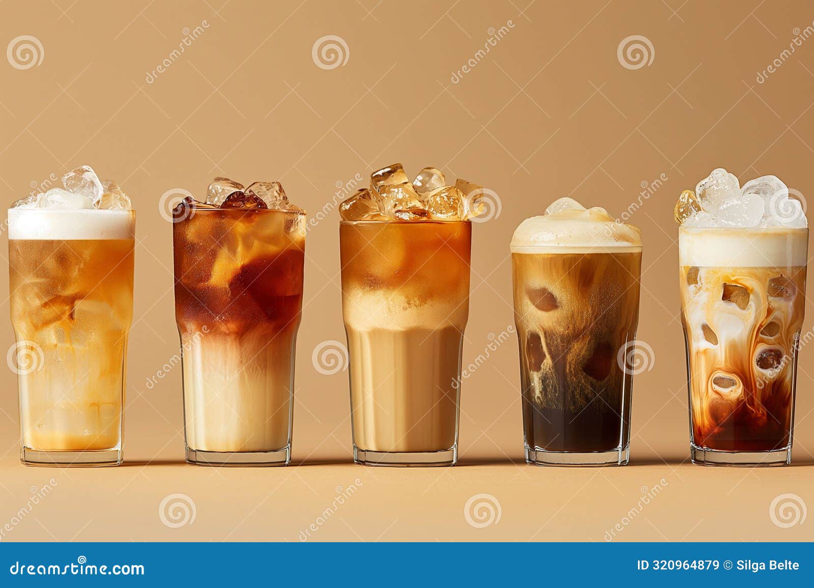 A Variety of Cold Coffee Beverages in Different Glasses on a Beige ...