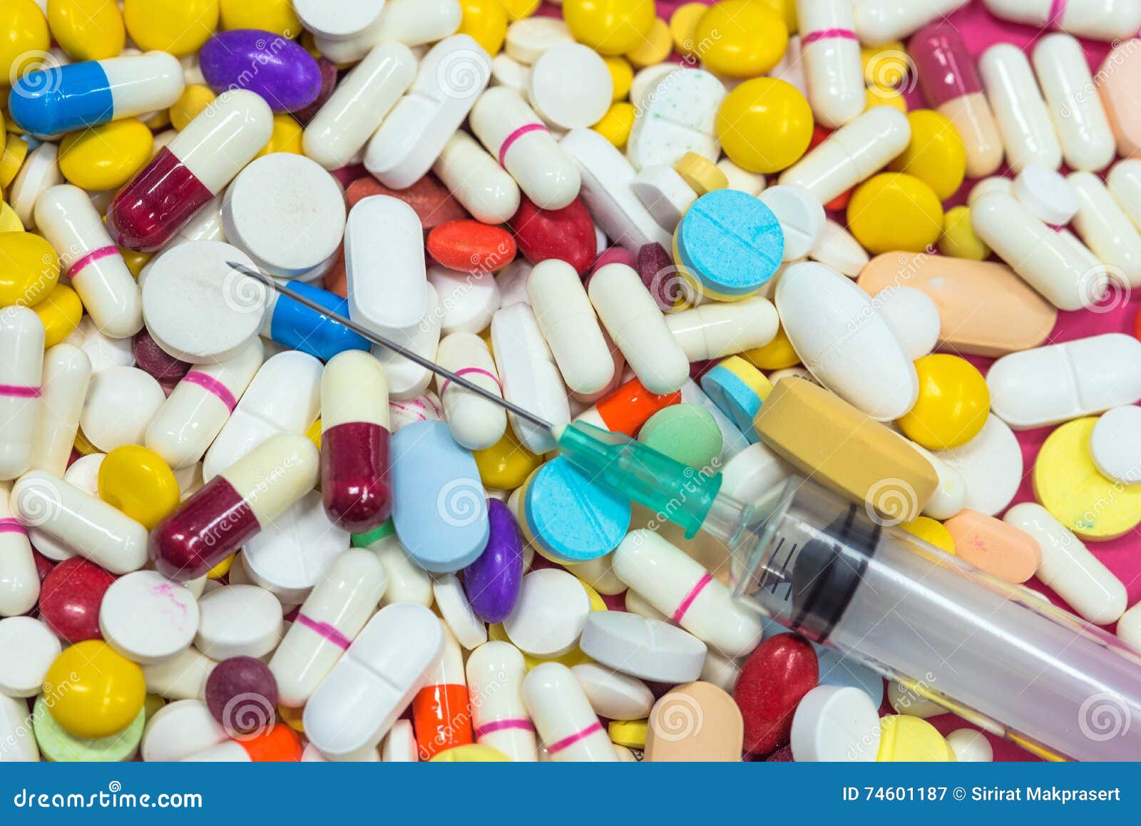 Variety of Colorful Medication and on Syring. Top View, Closeup Stock ...