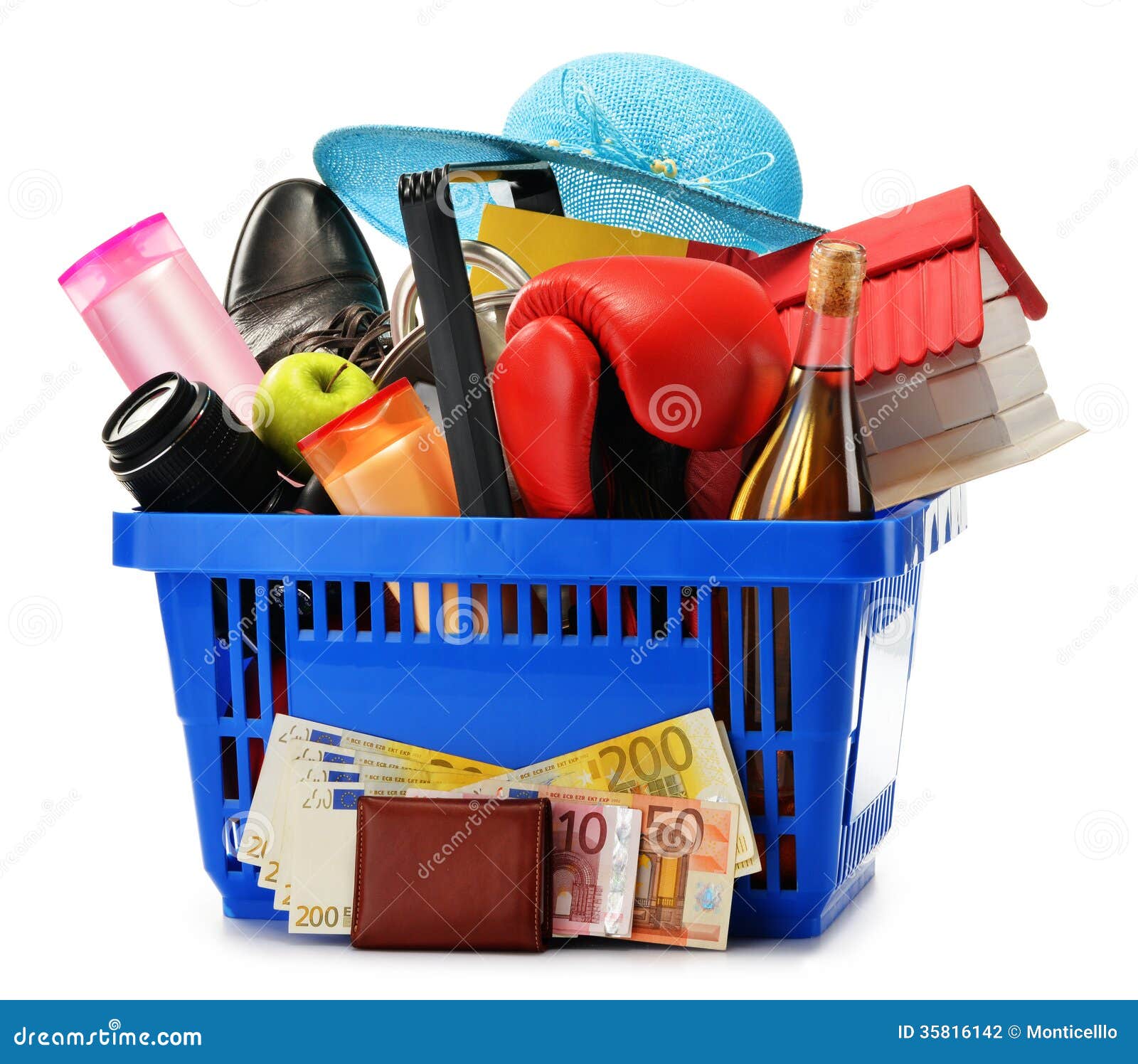 Variety of Consumer Products in Plastic Shopping Basket Stock Photo ...