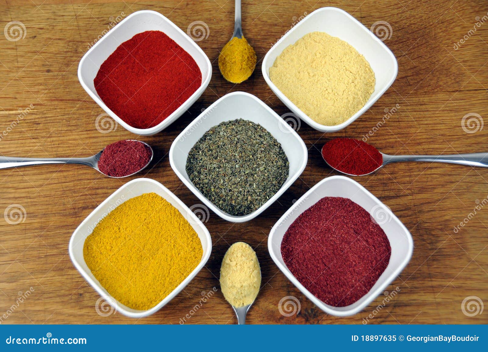 Variety of Cooking Spices on Spoons and in Dishes Stock Image - Image ...
