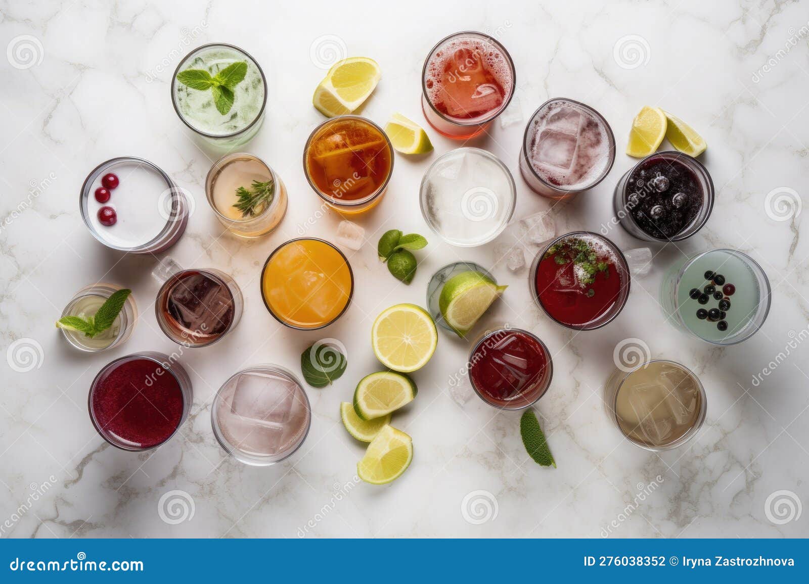 Variety of Cooling Drinks on White Granite Table Top View. Generative ...