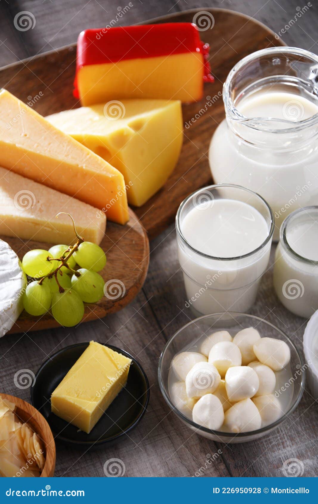 A Variety of Dairy Products Including Cheese, Milk and Yogurt Stock ...