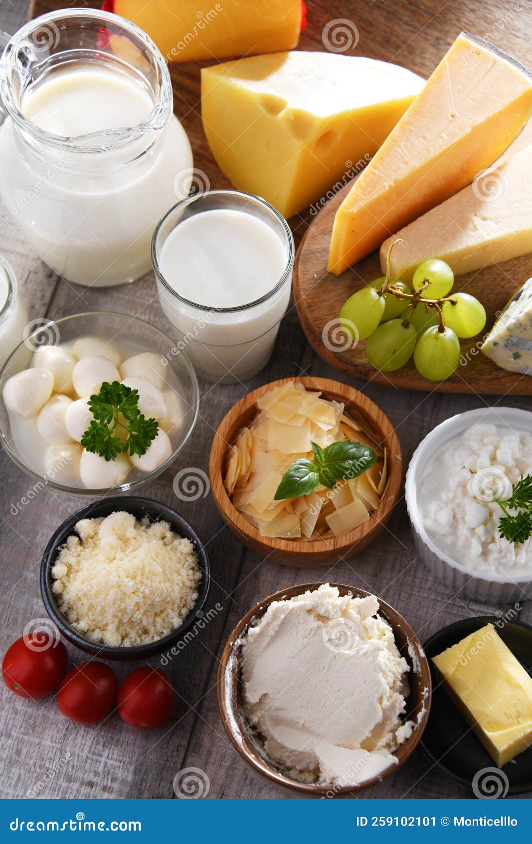 A Variety of Dairy Products Including Cheese, Milk and Yogurt Stock ...