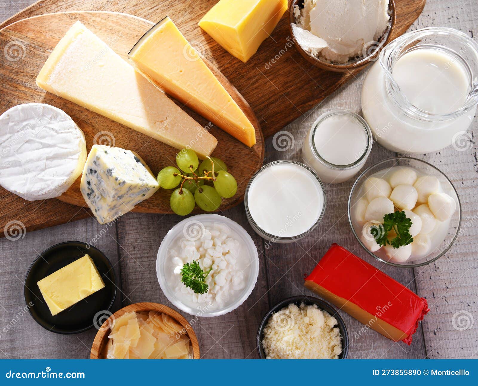 A Variety of Dairy Products Including Cheese, Milk and Yogurt Stock ...