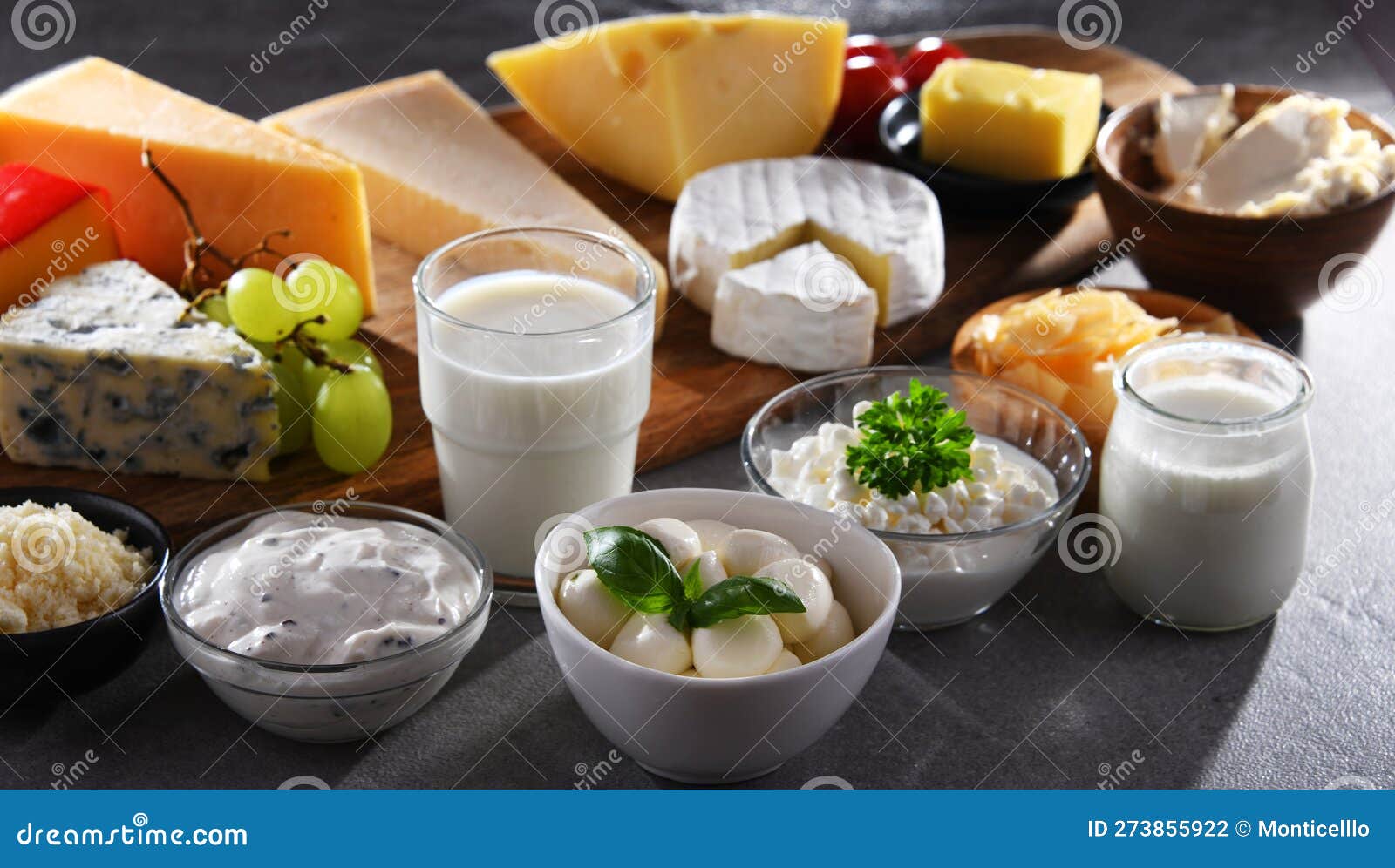 A Variety of Dairy Products Including Cheese, Milk and Yogurt Stock ...