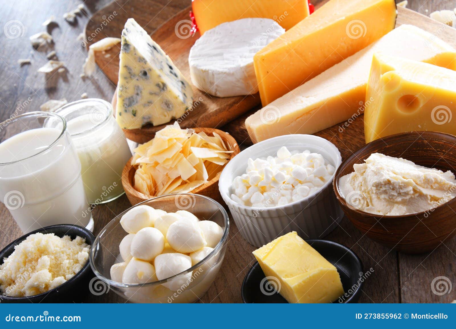 A Variety of Dairy Products Including Cheese, Milk and Yogurt Stock ...