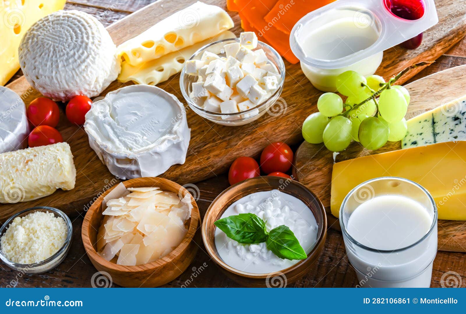 A Variety of Dairy Products Including Cheese, Milk and Yogurt Stock ...