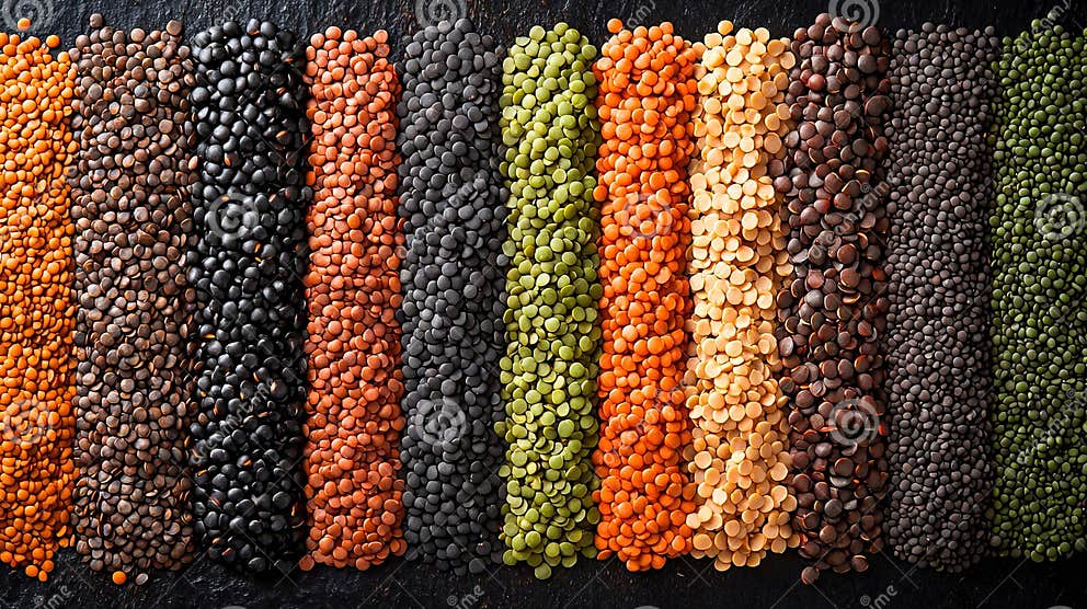 A Variety of Different Colored Lentils on a Black Surface Stock Photo ...