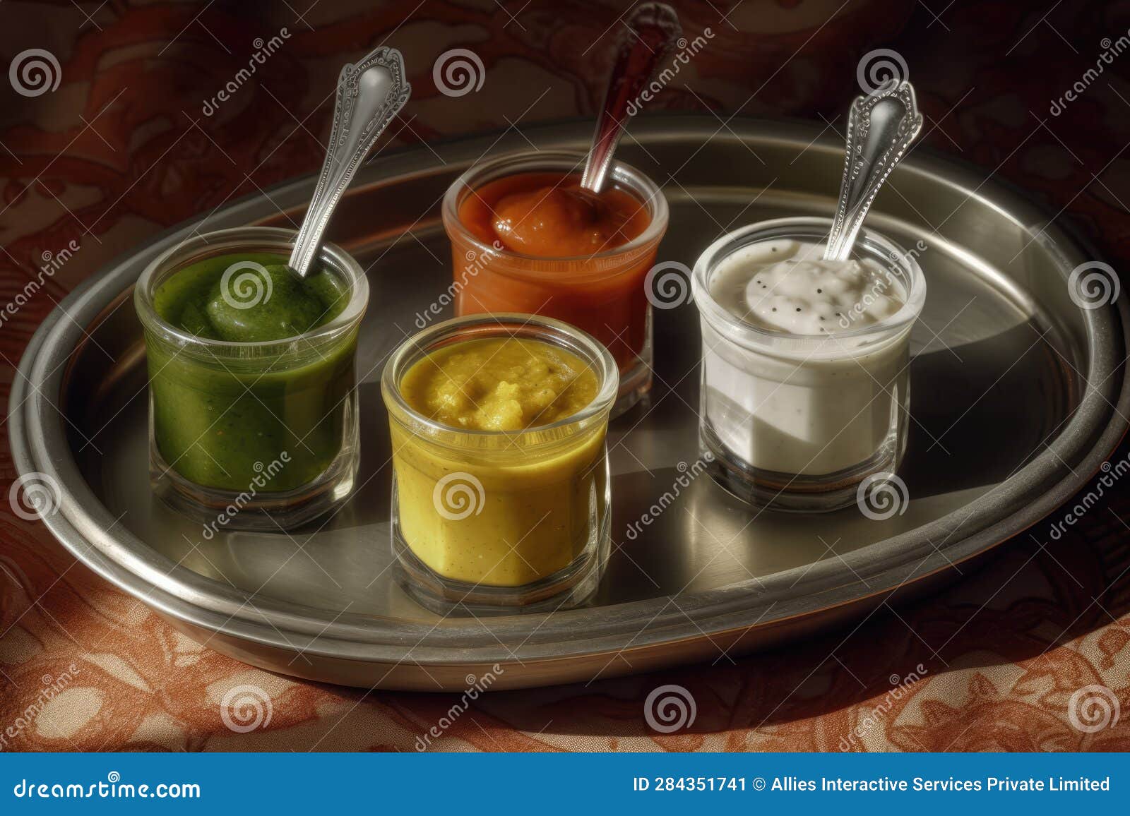 Variety of Different Dips Displayed in Glass Cylinders on a Silver ...