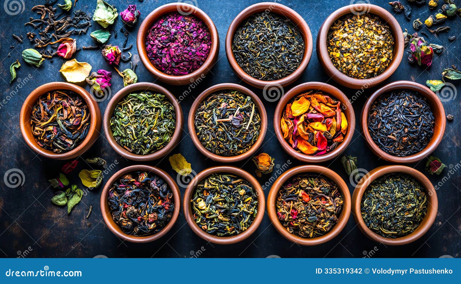 A Variety of Different Types of Tea in Small Bowls on a Table Stock ...