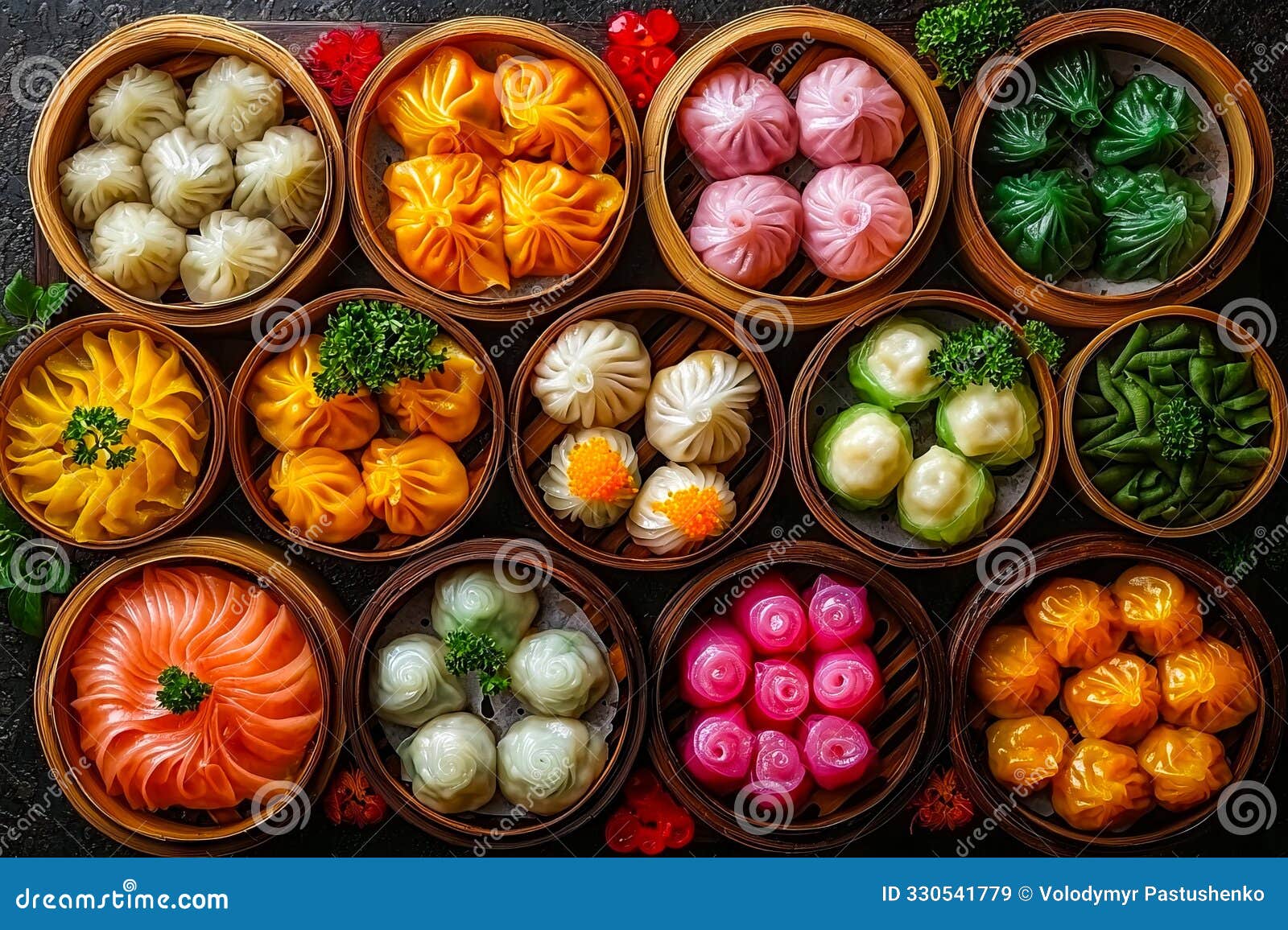 A Variety of Dim Sum in Bamboo Baskets on a Table Stock Image - Image ...