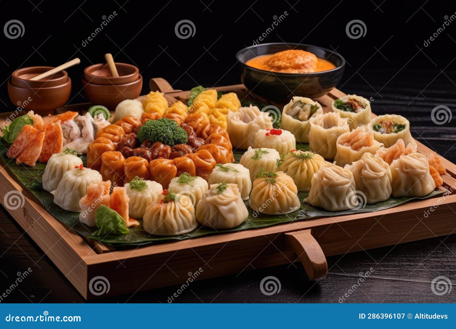 Variety of Dim Sum in Dough on Board Stock Image - Image of cuisine ...