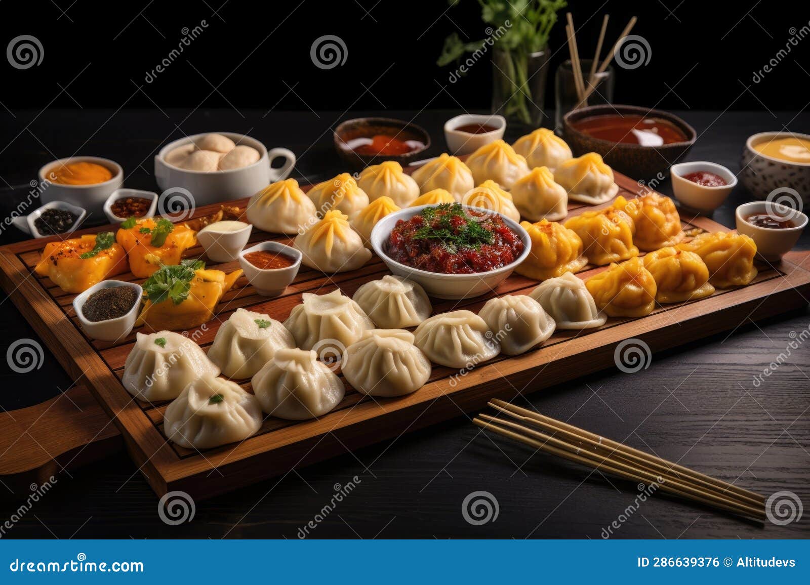 Variety of Dim Sum in Dough on Board Stock Illustration - Illustration ...