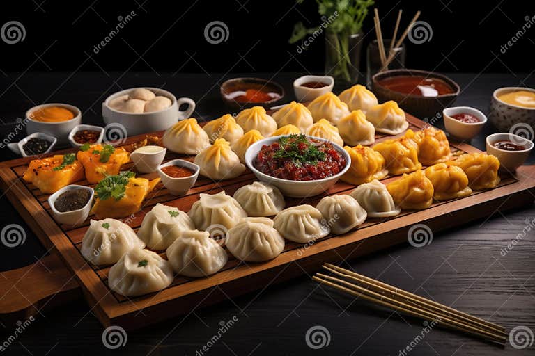 Variety of Dim Sum in Dough on Board Stock Illustration - Illustration ...